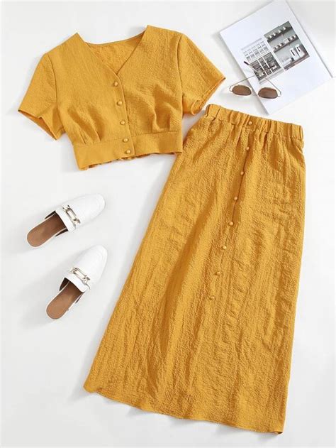 Shein Mulvari Solid Button Front Crop Blouse And Skirt Shein Usa