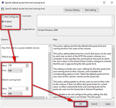 how to set disk quota limit and warning level for new users in windows