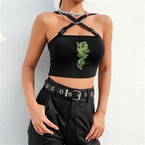 Genrovia Dragon Embroidered Buckle Strap Crop Top Yesstyle Crop