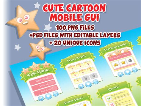 cute cartoon mobile gui 97 png files 2d gui unity asset store