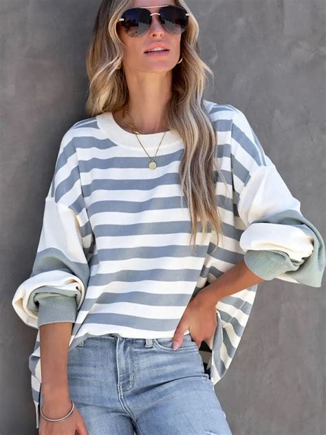 Striped Drop Shoulder Pullover Crew Neck Long Sleeve Temu