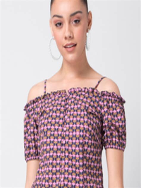 Buy Faballey Geometric Printed Smocked Bardot Top Tops For Women