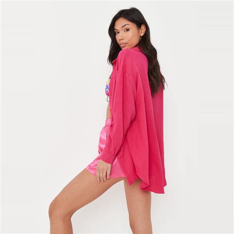 Missguided Textured Oversized Beach Cover Up Shirt Fuchsia