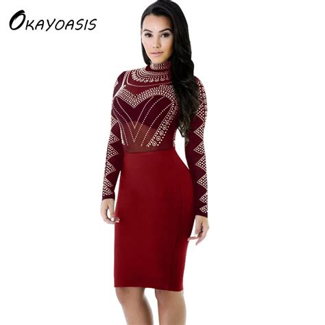 Okayoasis Free Shipping Red Ol Elegant Bodycon Dress Women Long Sleeve