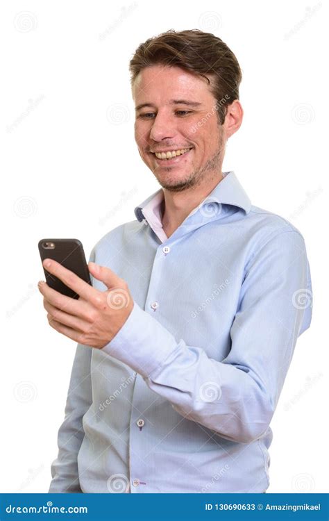 Happy Caucasian Businessman Smiling And Holding Mobile Phone Stock