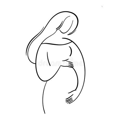 Hand Drawn Pregnant Woman With Long Hair Line Portrait With Hands On