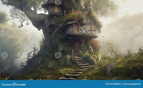 Fantasy House In Misty Forest Fairy Tale Hut In Tree Trunk Stock