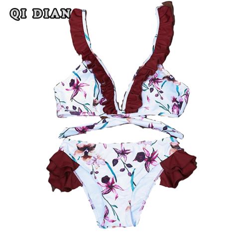 Qi Dian Orchid Printing Bikini 2017 Swimwear Women Swimsuit Bathing