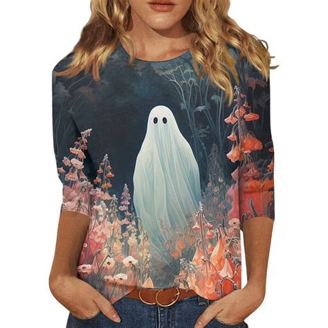 Ktyne Shirts For Women Halloween 3 4 Sleeve Pumpkin Bat Ghost Print