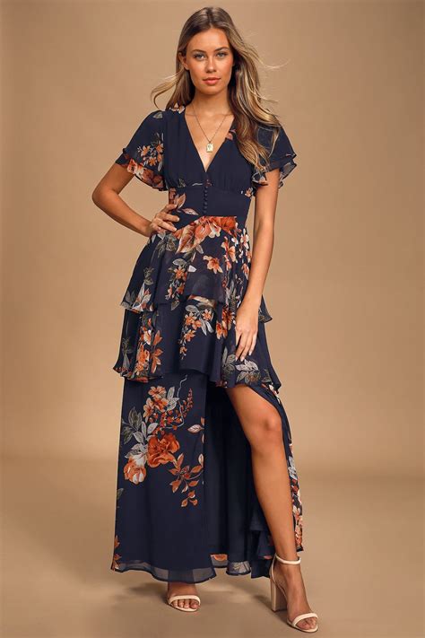Midnight Mood Navy Blue Floral Print Tiered Maxi Dress Tiered Maxi