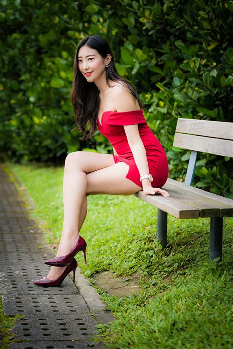 Wallpaper Smile Red Female Legs Asian Bench Sitting Gown High Heels