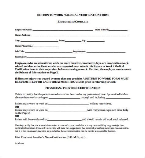 Free 16 Return To Work Medical Form Templates In Pdf Ms Word