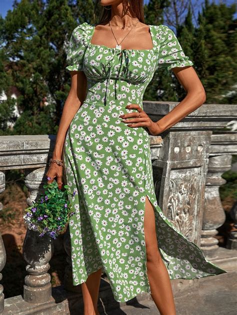 Allover Floral Split Thigh Milkmaid Dress Flower Dresses Casual