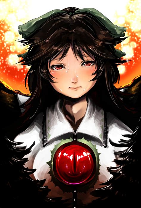 Safebooru 1girl Black Wings Blush Bow Brown Hair Bust Cape Face Fire