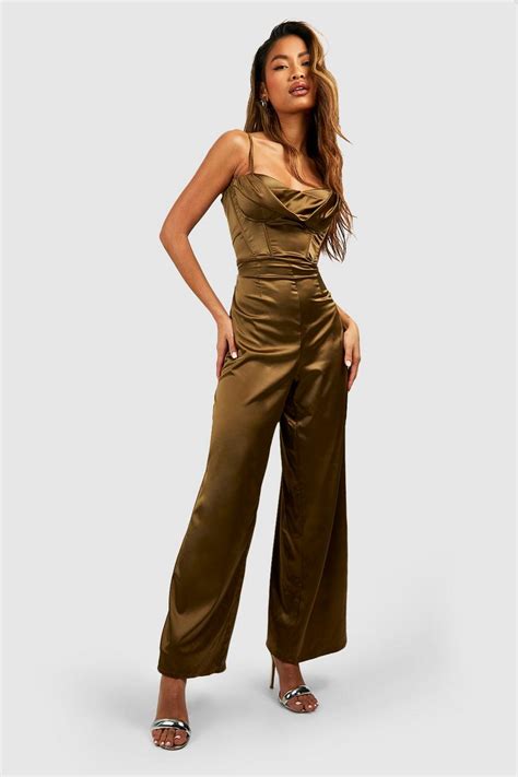 Satin Corset Wide Leg Jumpsuit Boohoo Uk