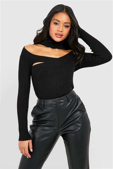 Womens Black High Neck Wrap Bardot Neckline Rib Knit Top Boohoo Uk