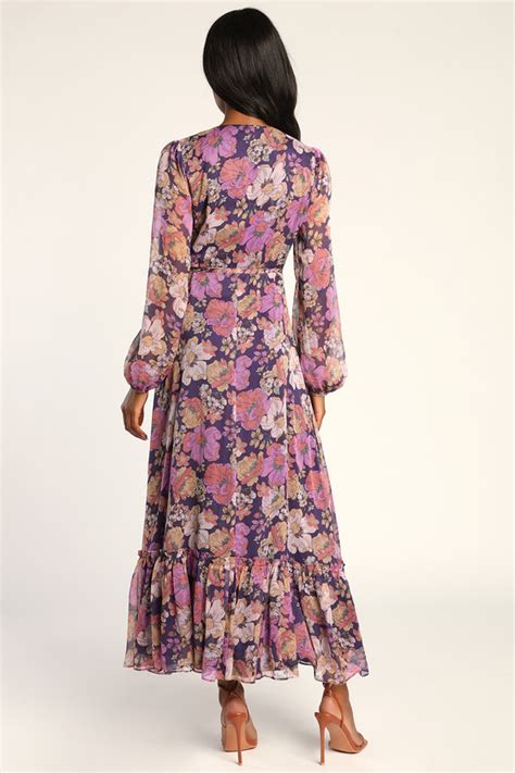 Purple Floral Maxi Dress Maxi Wrap Dress Long Sleeve Dress Lulus