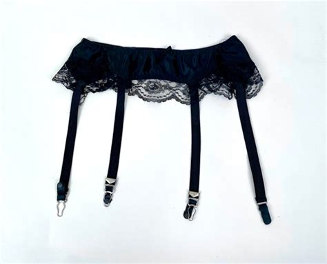 Vintage 1970s Garter Belt Black Satin Acetate With Bl… Gem