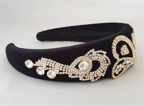 Black Padded Velvet Headband Gold Tone Crystal Diamante Heart Etsy Uk