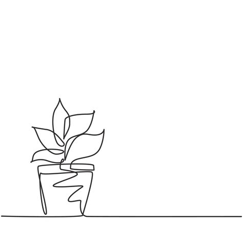 Single Continuous Line Drawing Potted Plants With Five Growing Leaves