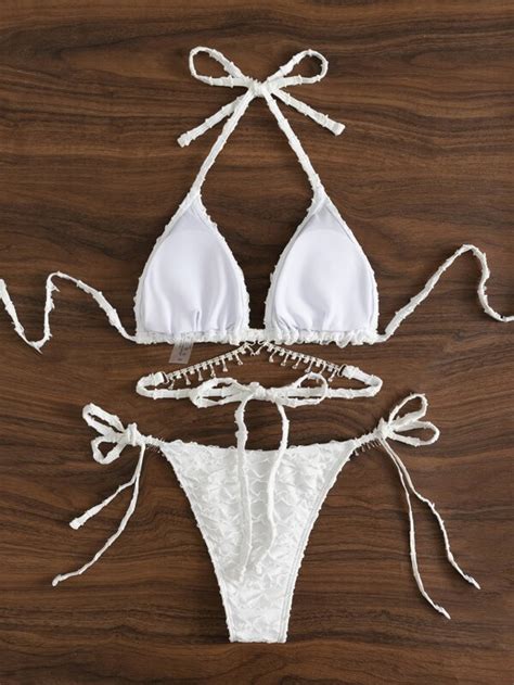 Shein Sxy Textured Bikini Set Rhinestone Fringe Triangle Bra Top And Tie