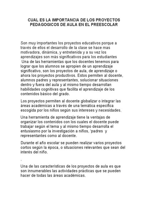 Cual Es La Importancia De Los Proyectos Pedagogicos De Aula En El