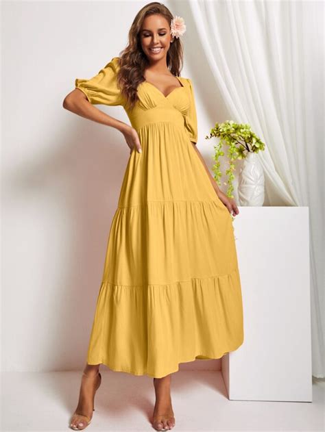 Sweetheart Neck Puff Sleeve Ruffle Hem Dress Shein Usa