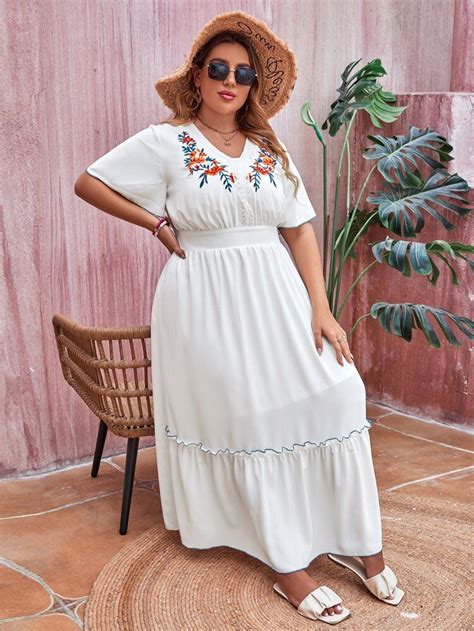 Shein Mulvari Plus Floral Embroidery Butterfly Sleeve Ruffle Hem Dress