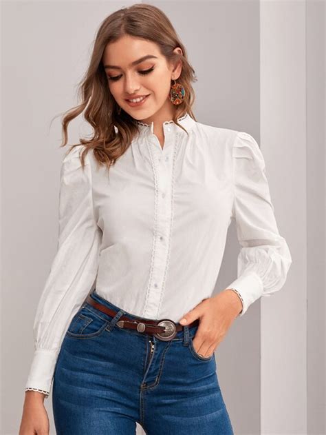 Shein Frenchy Lace Detail Lantern Sleeve Blouse Shein Usa