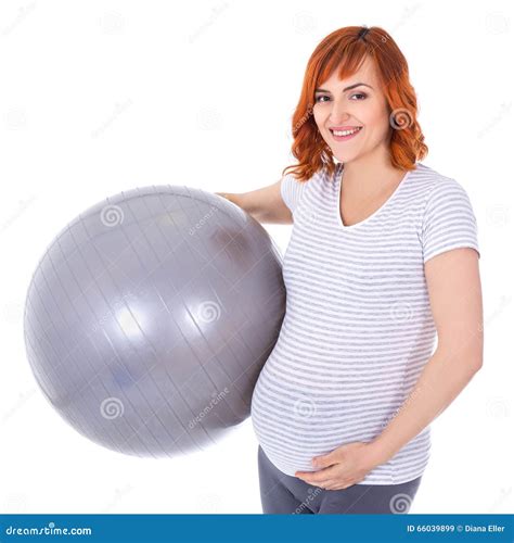 Young Pretty Pregnant Woman With Fitball Isolated On White Stock Image