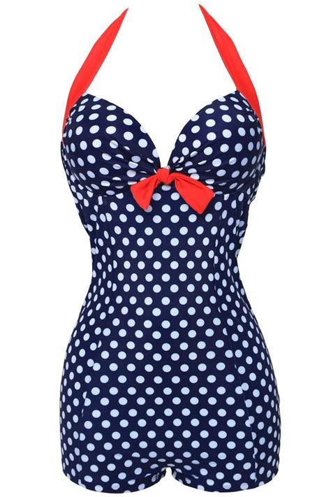 Dark Blue Vintage Polka Dots One Piece Swimsuit Vintage Polka Dot