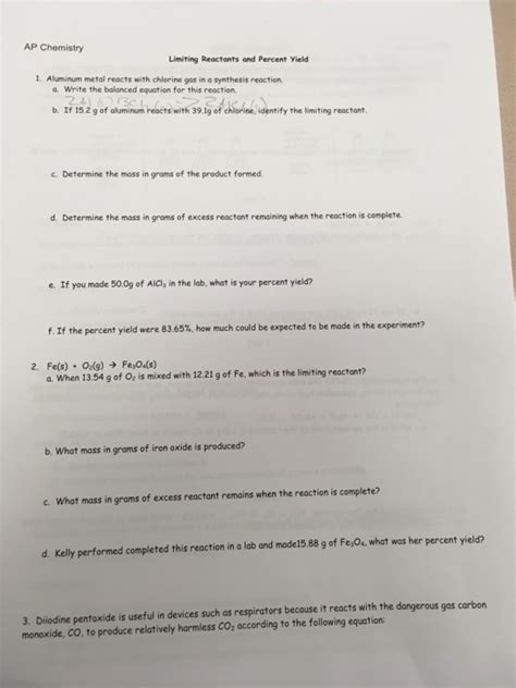 solved ap chemistry limiting reactants and percent yield