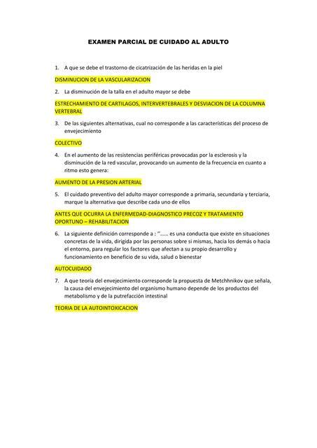 Examen Parcial De Cuidado Al Adulto Nursing Apuntes Udocz