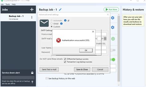 authentication unsuccessful 535 email notification issues sql