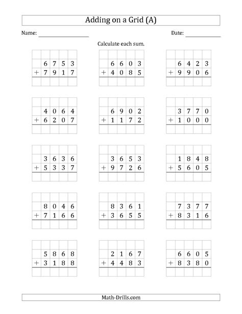 the adding 4 digit plus 4 digit numbers on a grid a math