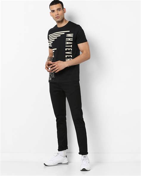 Buy Ajio Men Black Slim Fit Graphic Print Crew Neck T Shirt Ajio