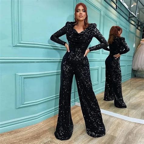 Modest Black Jumpsuit Prom Dresses 2023 Sexy V Neck Long Sleeve Sequin
