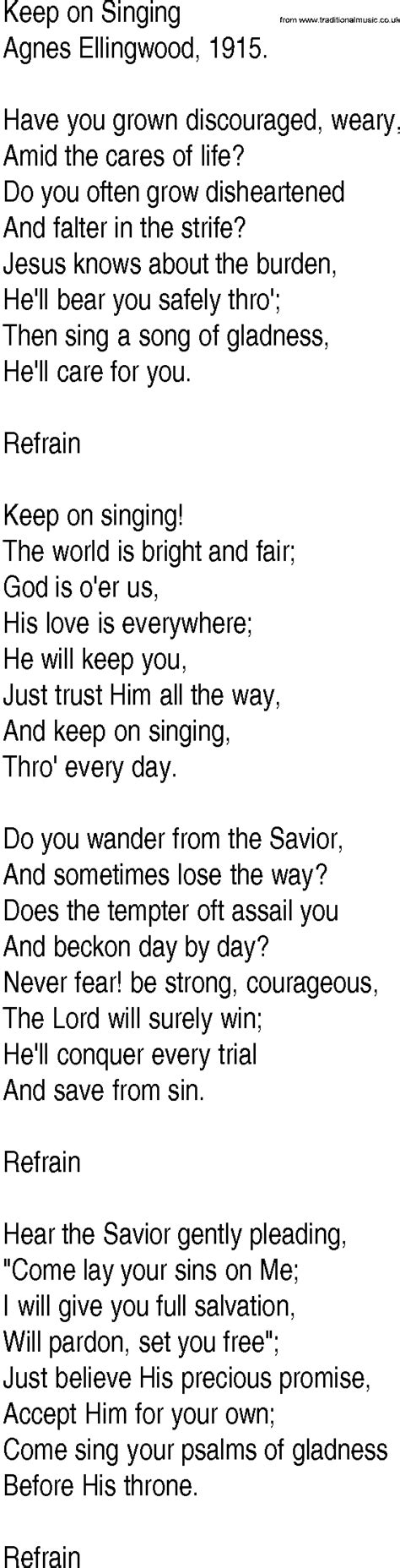 Hymn And Gospel Song Lyrics For Keep On Singing By Agnes Ellingwood