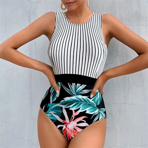 Bohemian Womens One Piece Digital Leaf Print Patchwork Striped Bikinis