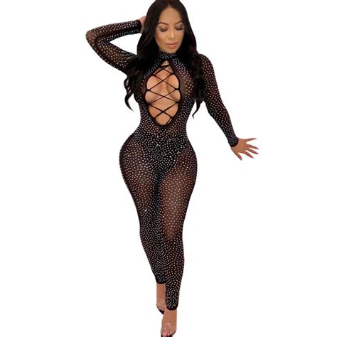 Sexy Rhinestones Mesh Sheer Party Jumpsuit Women Long Sleeve Hollow Out