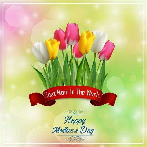 Happy Mothers Day With Flowers Tulips And Red Ribbon Stock Vector