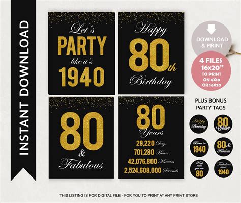 80th Birthday Welcome Signs Pack Black Glitter Gold Birthday Etsy