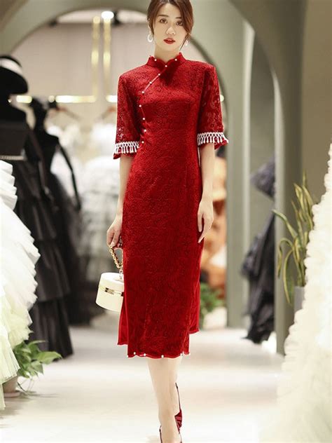 Burgundy Lace Bridal Wedding Qipao Cheongsam Dress With Half Sleeve