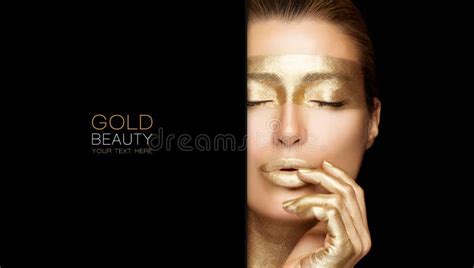 Gold Skin Woman Beauty Fashion Model Girl With Glowing Gold Makeup