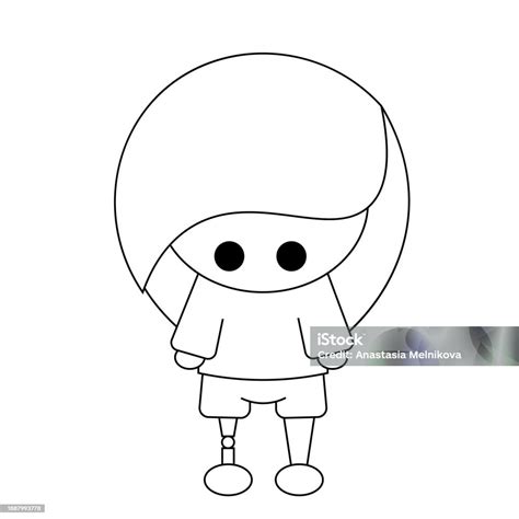 Cartoon Cute Blonde Girl With Prosthetic Leg In Black And White Stock