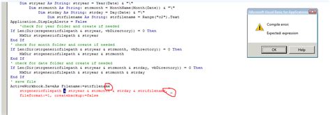 compile error expection expression in vba highlights the