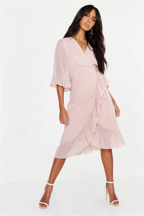 Womens Dobby Chiffon Wide Sleeve Midi Wrap Dress Pink 8 Dresses