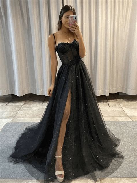 Shiny Black Lace Prom Dresses 2024 Tulle Long Formal Dress Spaghetti S
