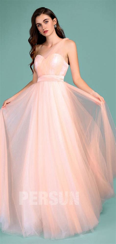 Romantique Robe Pêche Clair Longue En Tulle Avec Bretelle Convertible