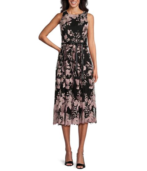 Alex Evenings Sleeveless Crew Neck Self Tie Belt Embroidered Tulle